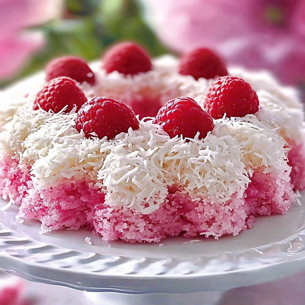 Raspberry Swirl Coconut Snowball Cake